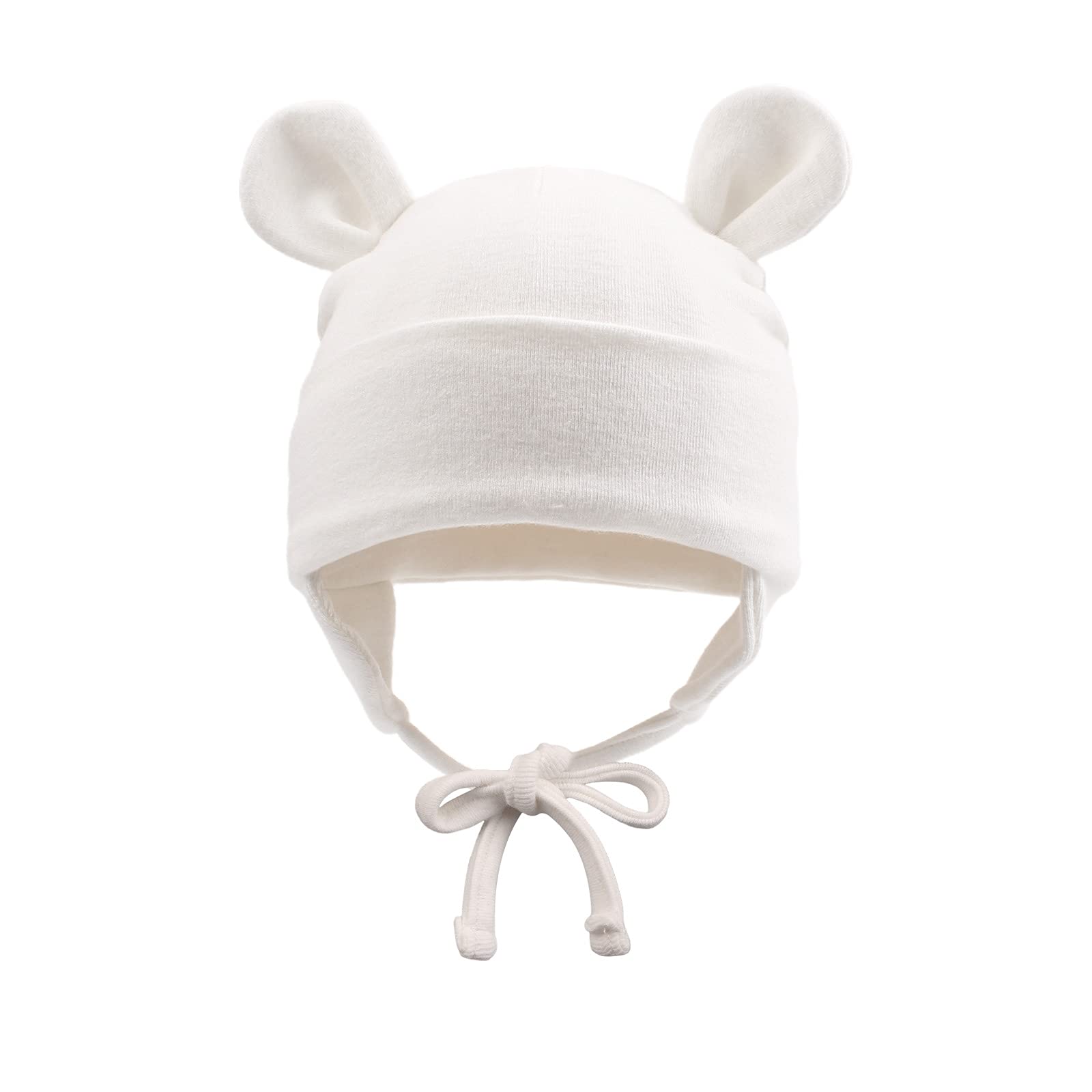 JANGANNSA White Newborn Baby Beanie Hospital Hat for Boys Girls Cotton Preemie Baby’s Hat Bear Ears (White,6-12Months)