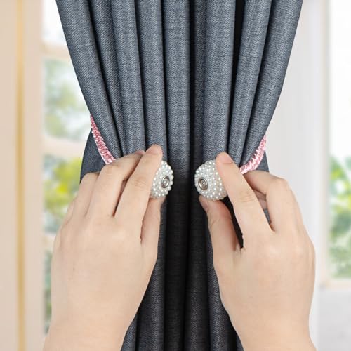SHIDOW Curtain Tiebacks, Magnetic Curtain Ties, Pearl Curtain Tie, Curtain Tieback Buckle, for Living Rooms, Bedrooms, Kitchens, Restaurants, Bathrooms, Homes, and Offices(6 Pack (Pink)