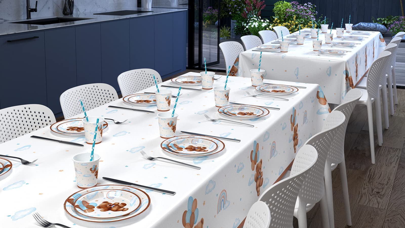 3 Pieces Teddy Bear Baby Shower Tablecloths Plastic Table Cover, Boho Brown Blue Baby Shower Birthday Party Decorations Supplies for Boys Kids Large Size 108×54 Inch Rectangular Cute Bear Table Cloth