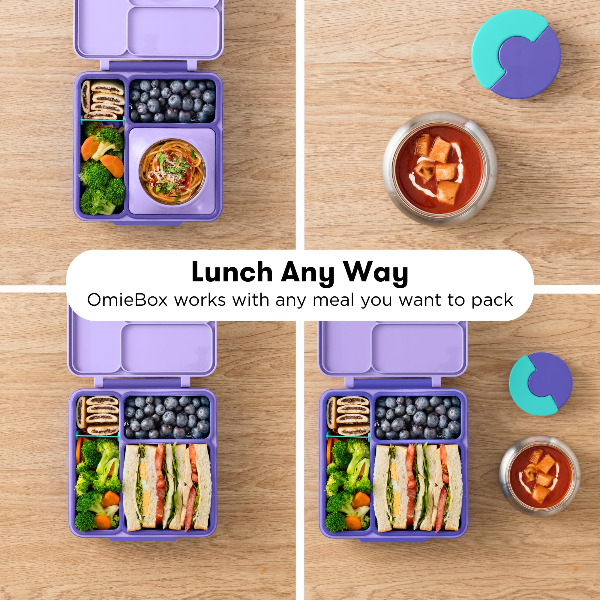 Omie OmieBox Insulated Bento Lunch Box with Leak Proof Thermos Food Jar-3 Compartments, Two Temperature Zones, One Size, (Purple Plum)