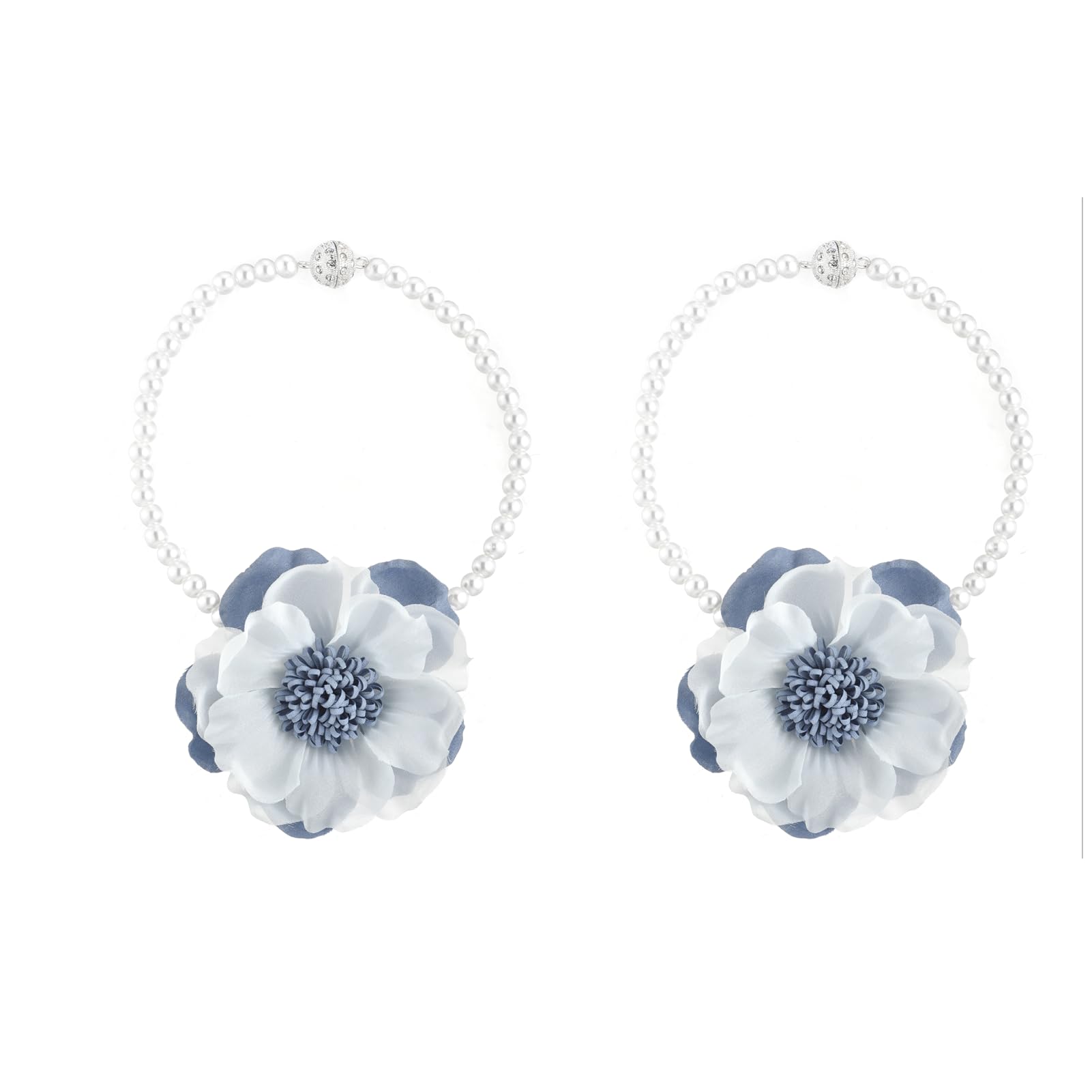 SUQ I OME 2 Pack of Pearl Magnetic Flower Curtain Tieback with Handmade Flower Decorative Drapery Holdbacks Rope Holder for Home, Office,Blue