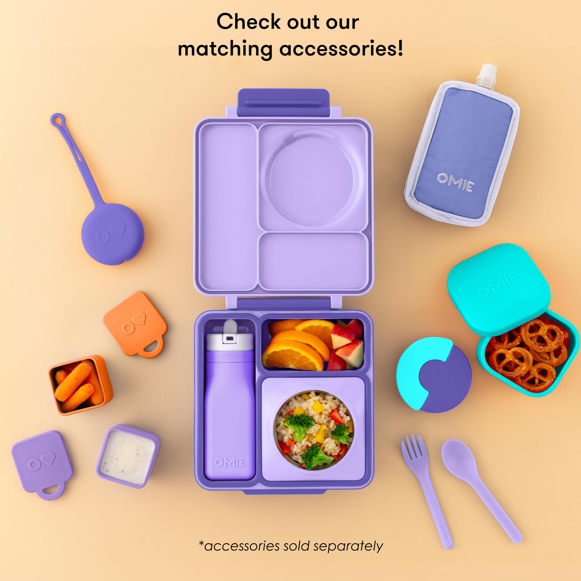 Omie OmieBox Insulated Bento Lunch Box with Leak Proof Thermos Food Jar-3 Compartments, Two Temperature Zones, One Size, (Purple Plum)