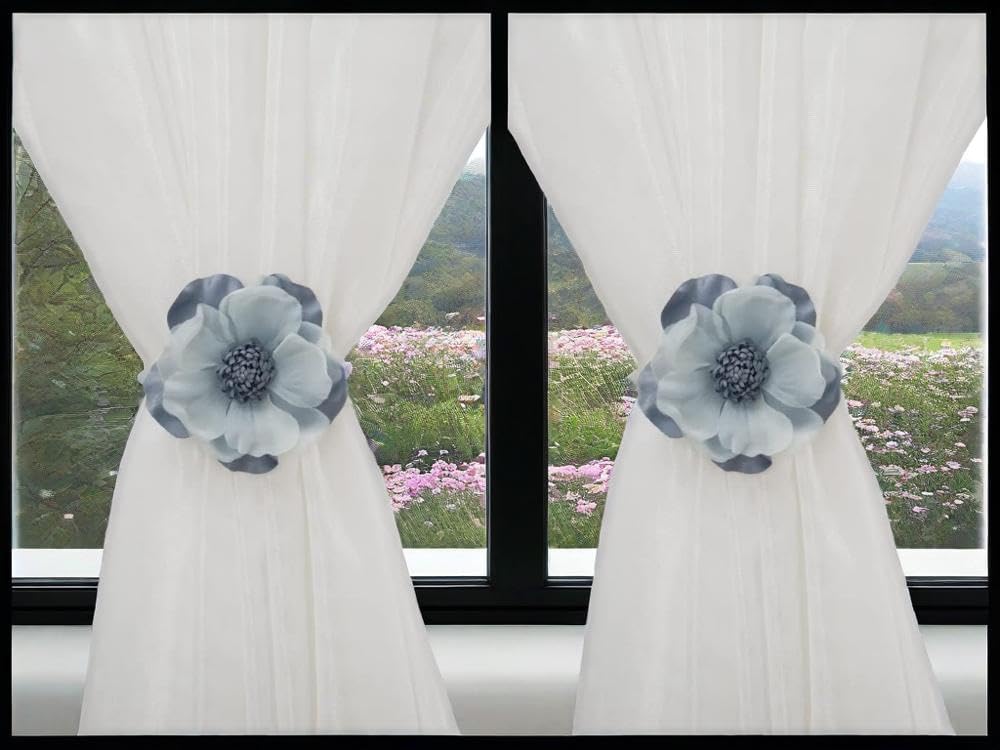 SUQ I OME 2 Pack of Pearl Magnetic Flower Curtain Tieback with Handmade Flower Decorative Drapery Holdbacks Rope Holder for Home, Office,Blue