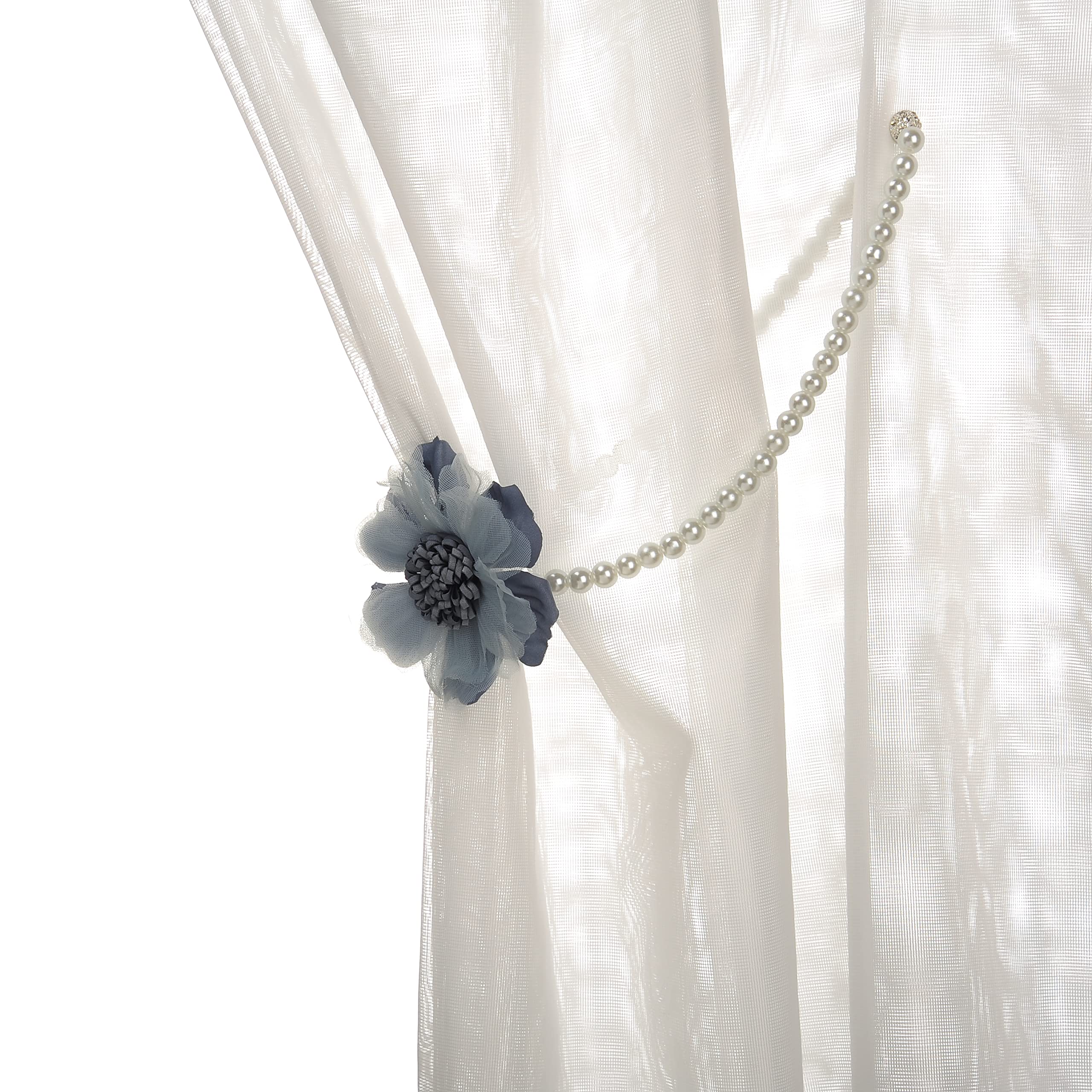 SUQ I OME 2 Pack of Pearl Magnetic Flower Curtain Tieback with Handmade Flower Decorative Drapery Holdbacks Rope Holder for Home, Office,Blue
