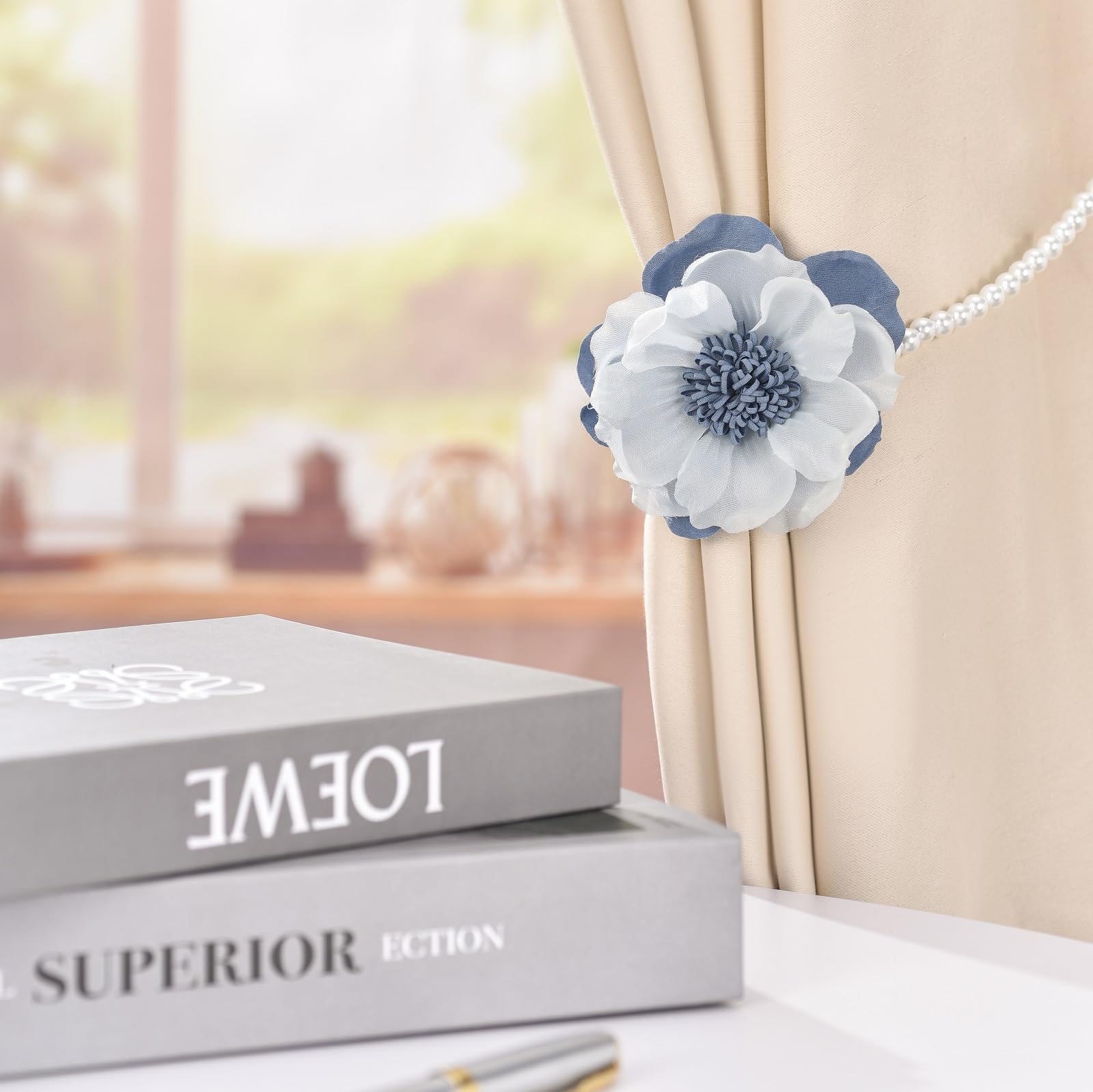 SUQ I OME 2 Pack of Pearl Magnetic Flower Curtain Tieback with Handmade Flower Decorative Drapery Holdbacks Rope Holder for Home, Office,Blue