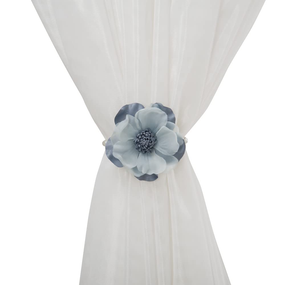 SUQ I OME 2 Pack of Pearl Magnetic Flower Curtain Tieback with Handmade Flower Decorative Drapery Holdbacks Rope Holder for Home, Office,Blue