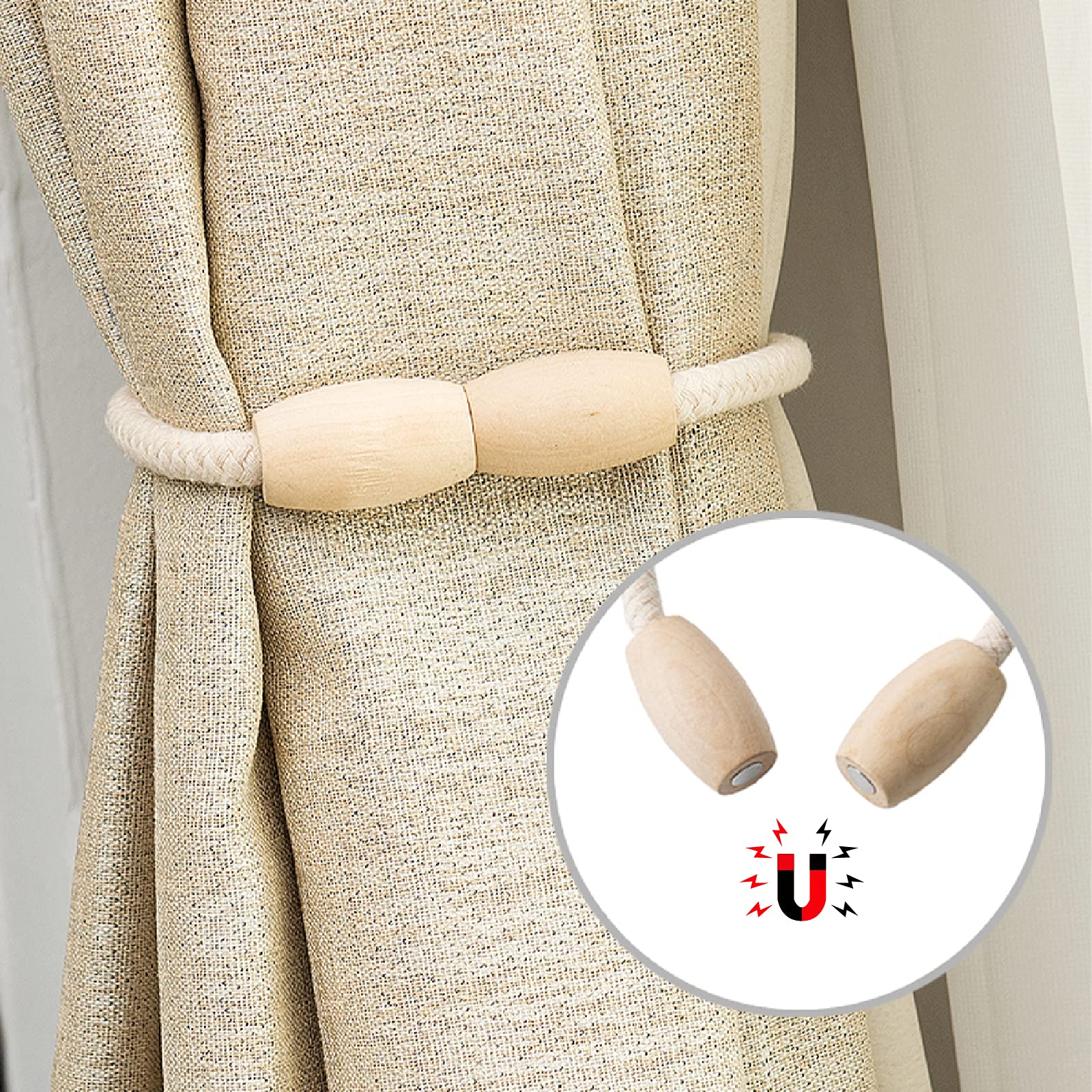 Magnetic Curtain Ties Holdbacks Tiebacks, Wood Bead Decorative Drape Tie Backs Holdback Holders for Blackout Sheer Window Treatment Outdoor, Convenient Curtain Ties No Tools Required White 2 Pack