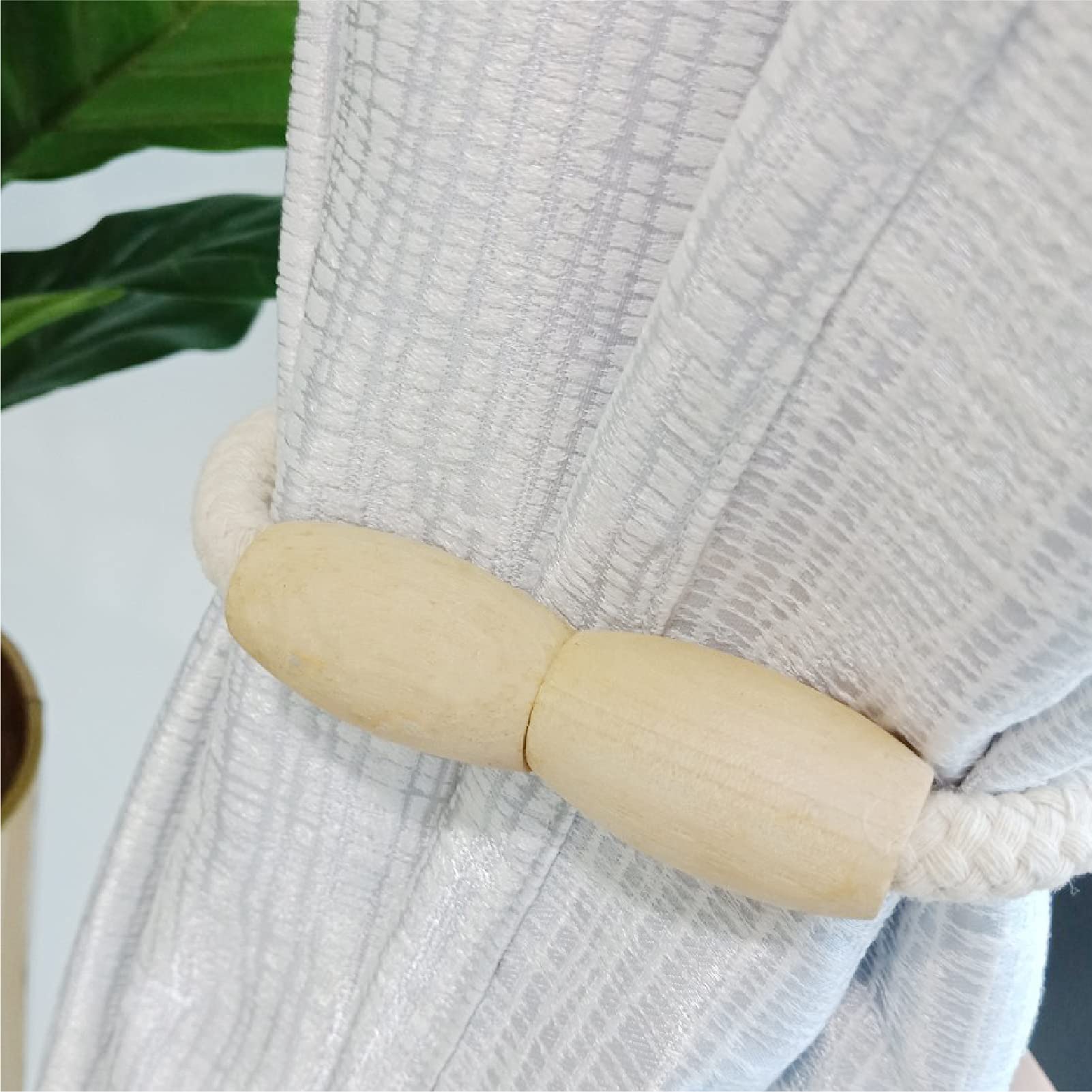 Magnetic Curtain Ties Holdbacks Tiebacks, Wood Bead Decorative Drape Tie Backs Holdback Holders for Blackout Sheer Window Treatment Outdoor, Convenient Curtain Ties No Tools Required White 2 Pack