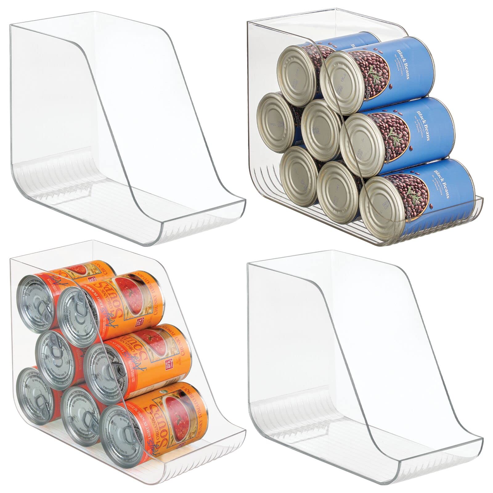mDesign Long Plastic Soup Can Dispenser Storage Organizer Container Bin for Kitchen Pantry, Countertop, Cabinet, Refrigerator, Freezer, Hold Canned Food, Soda, Water, Ligne Collection, 4 Pack - Clear