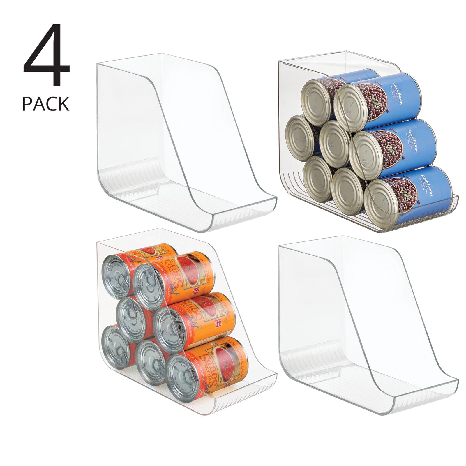 mDesign Long Plastic Soup Can Dispenser Storage Organizer Container Bin for Kitchen Pantry, Countertop, Cabinet, Refrigerator, Freezer, Hold Canned Food, Soda, Water, Ligne Collection, 4 Pack - Clear