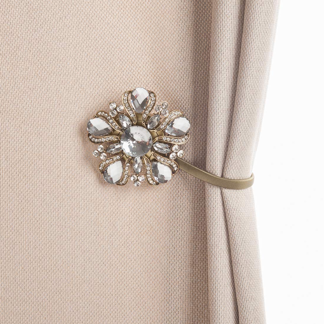 SUQ I OME Luxury Big Crystal Magnetic Curtain Tieback and Holdback Flower Curtain Clips Buckle Curtain Holder for Home Office Decoration (Bronze A,2PCS)