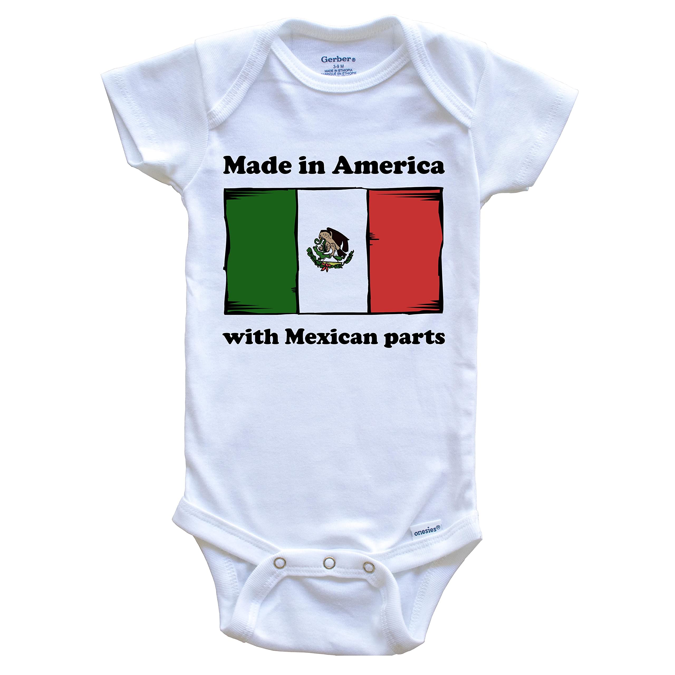 Made in America with Mexican Parts Funny Mexico Flag One Piece Baby Bodysuit, 3-6 Months White