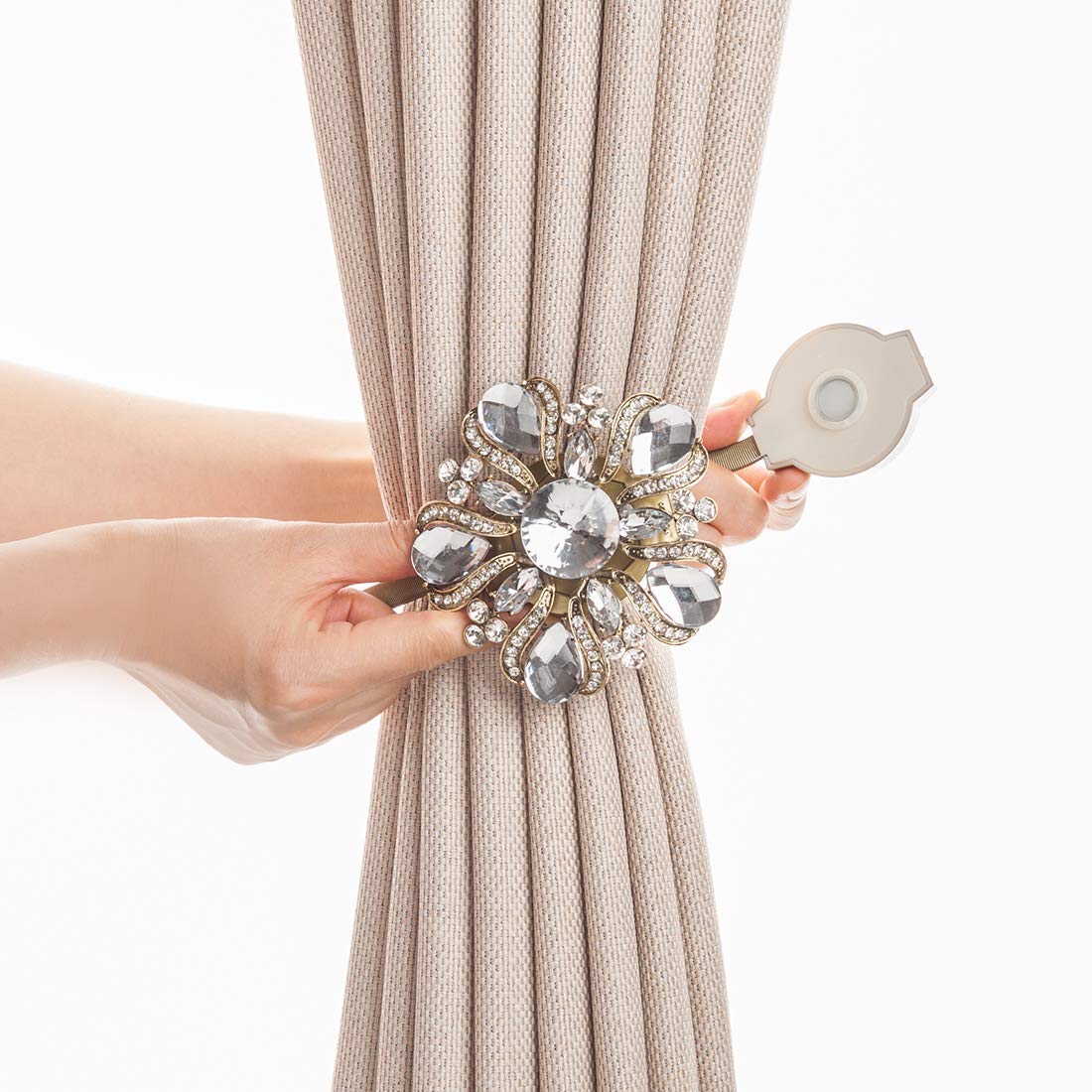 SUQ I OME Luxury Big Crystal Magnetic Curtain Tieback and Holdback Flower Curtain Clips Buckle Curtain Holder for Home Office Decoration (Bronze A,2PCS)
