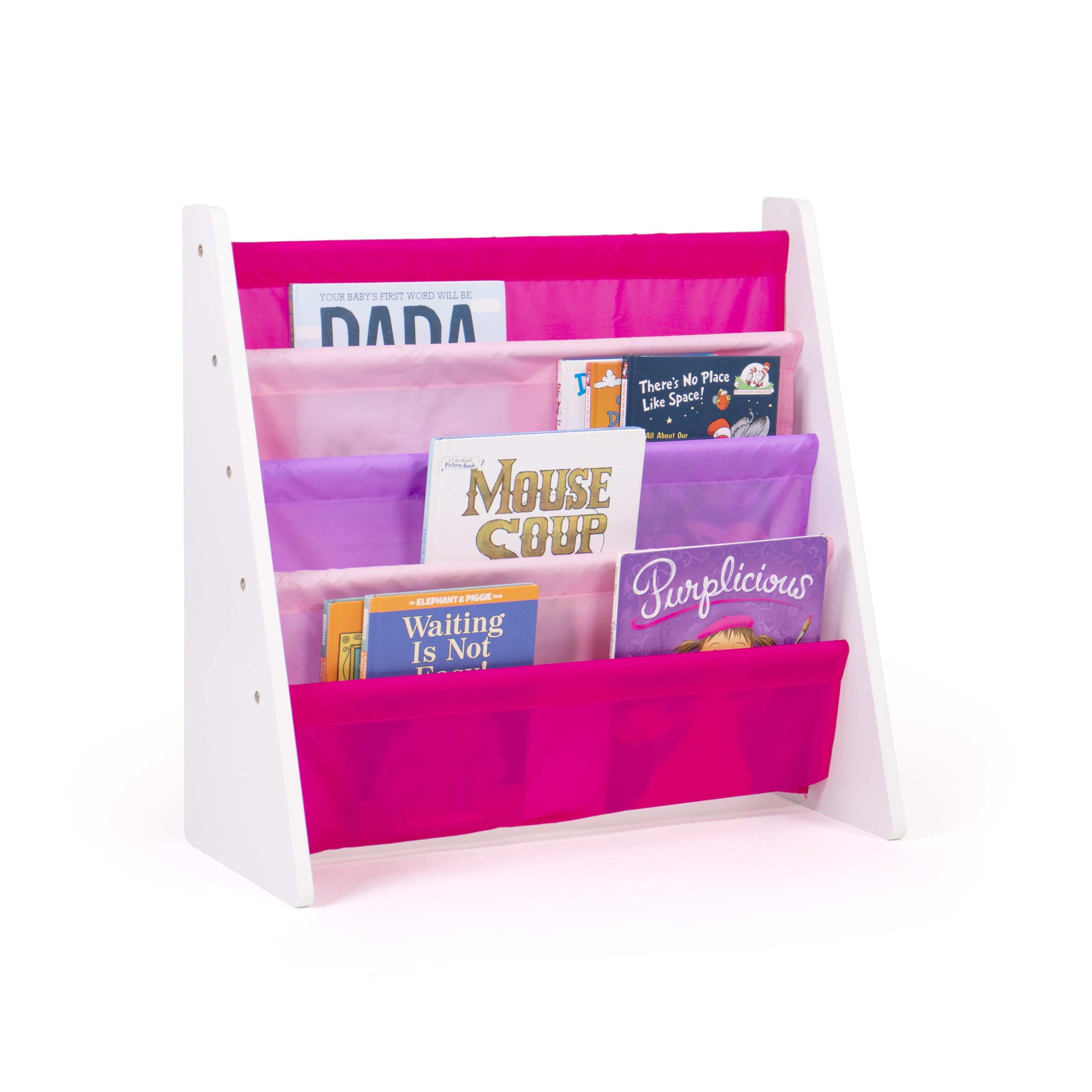 Humble Crew 4-Tier Kids Bookshelf, White Wood/Pink/Purple - Premium Book Shelf for Kids Rooms with Four Deep Pockets - Toddler Sling Book Rack with Deep Sleeves, Nursery Bookcase Organizer