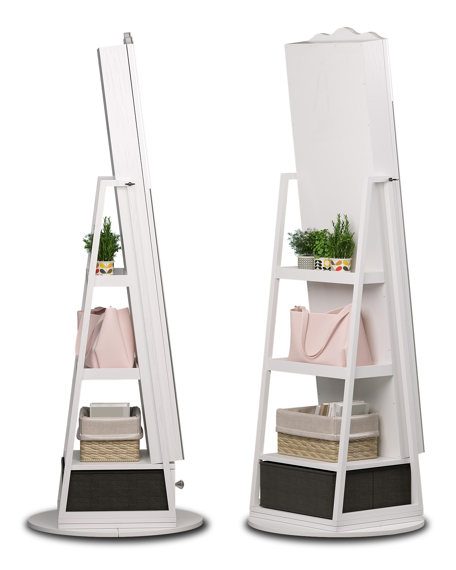 Full-Length Standing Mirror Jewelry Cabinet with Lights, Storage, and Rotating Shelf - White