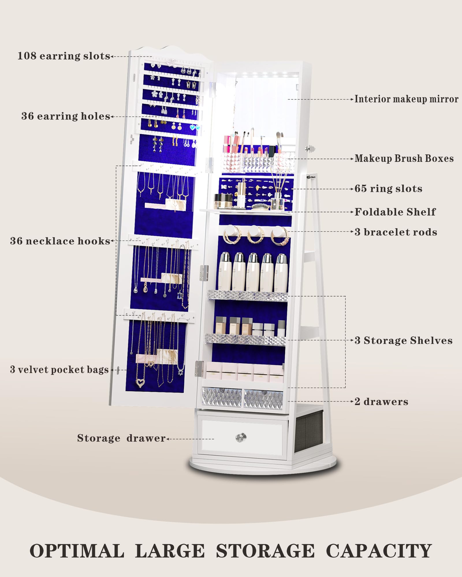 Full-Length Standing Mirror Jewelry Cabinet with Lights, Storage, and Rotating Shelf - White