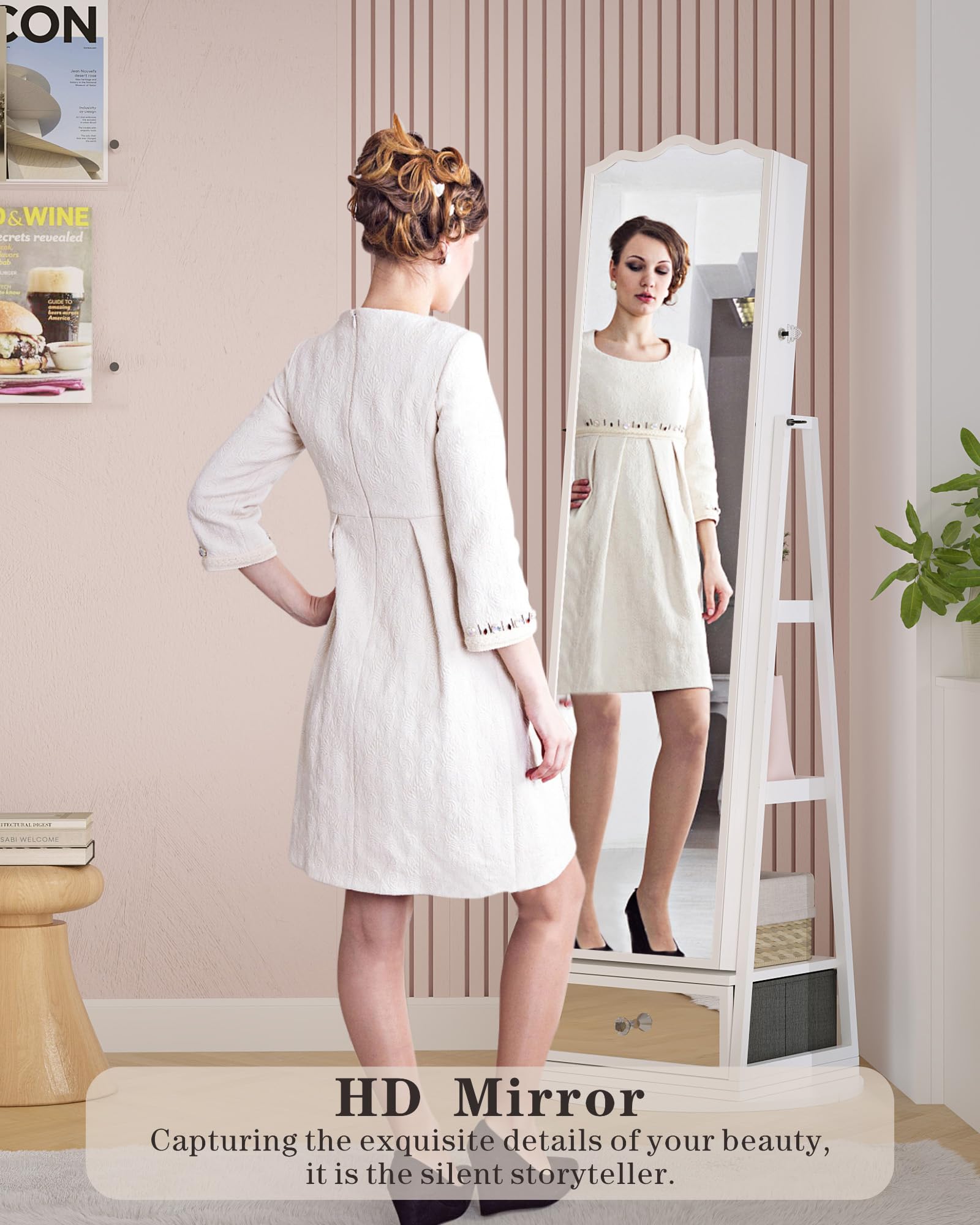 Full-Length Standing Mirror Jewelry Cabinet with Lights, Storage, and Rotating Shelf - White