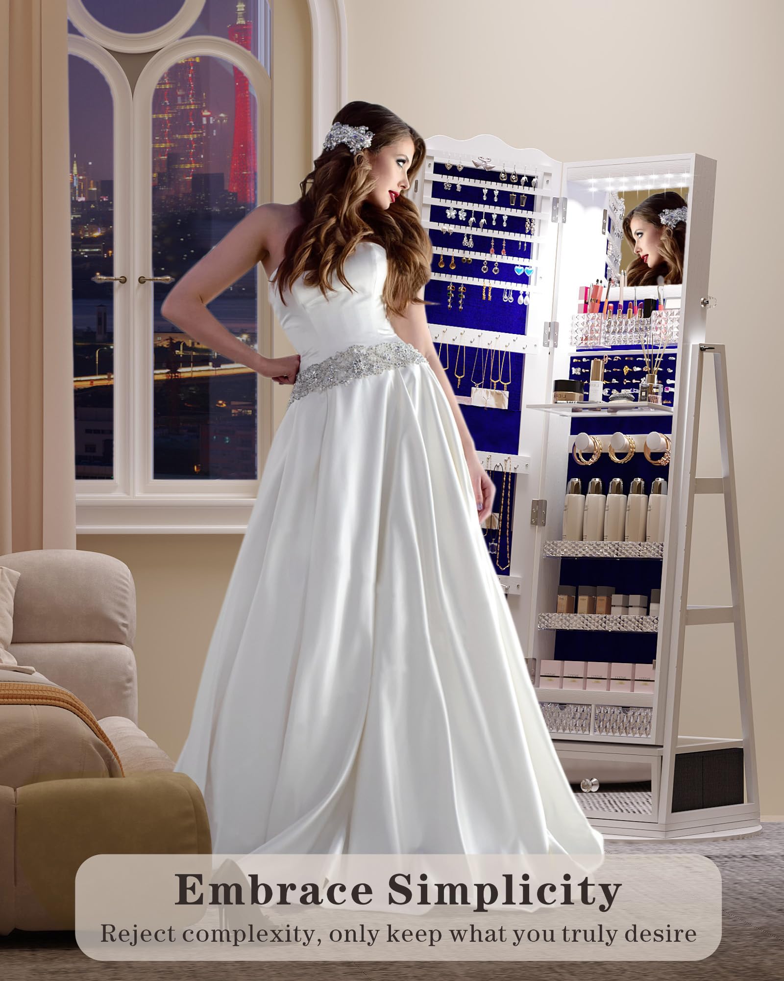 Full-Length Standing Mirror Jewelry Cabinet with Lights, Storage, and Rotating Shelf - White