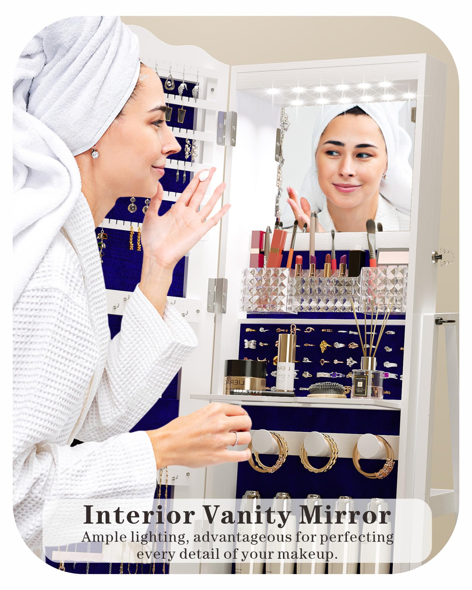 Full-Length Standing Mirror Jewelry Cabinet with Lights, Storage, and Rotating Shelf - White