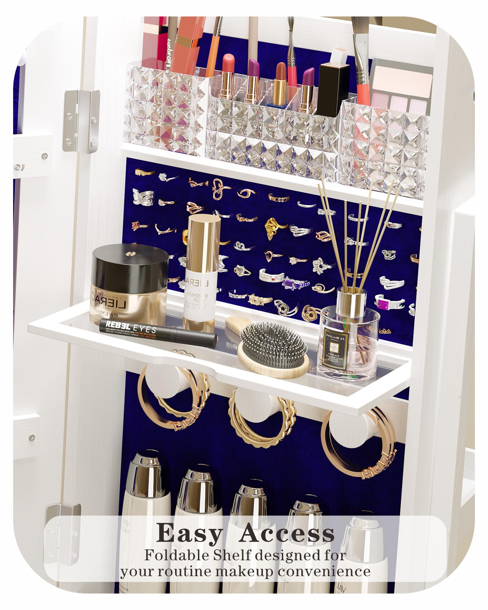 Full-Length Standing Mirror Jewelry Cabinet with Lights, Storage, and Rotating Shelf - White