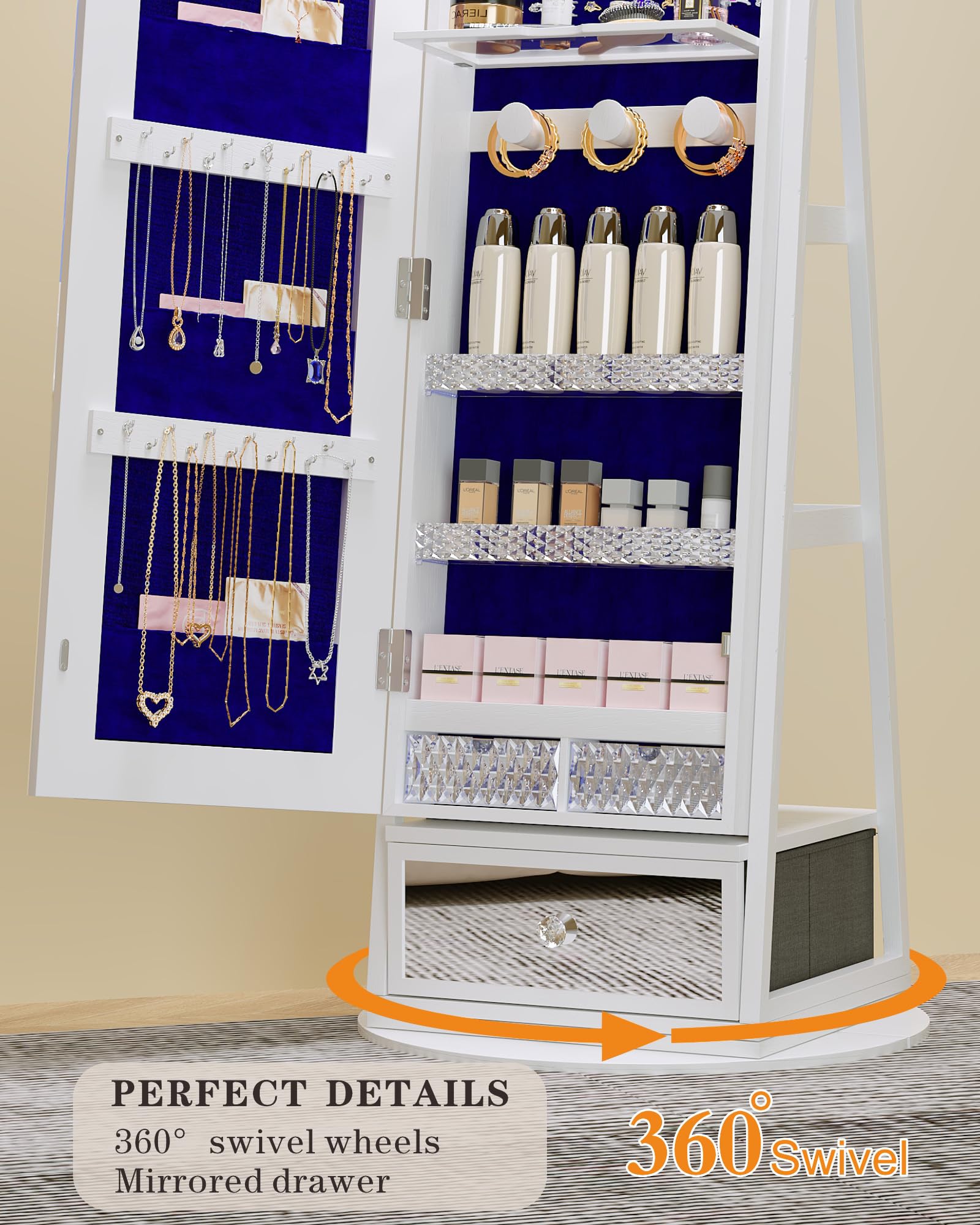 Full-Length Standing Mirror Jewelry Cabinet with Lights, Storage, and Rotating Shelf - White