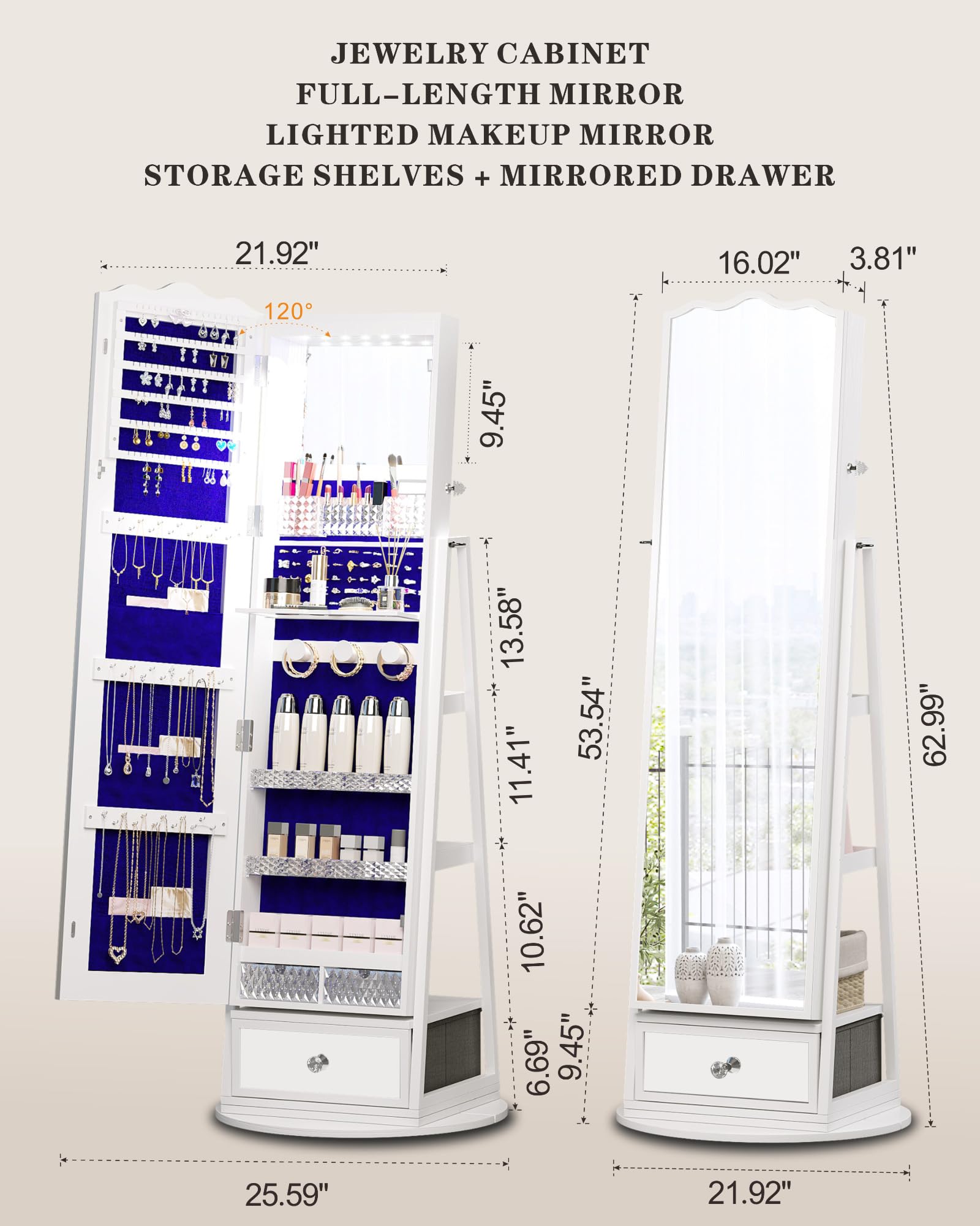 Full-Length Standing Mirror Jewelry Cabinet with Lights, Storage, and Rotating Shelf - White