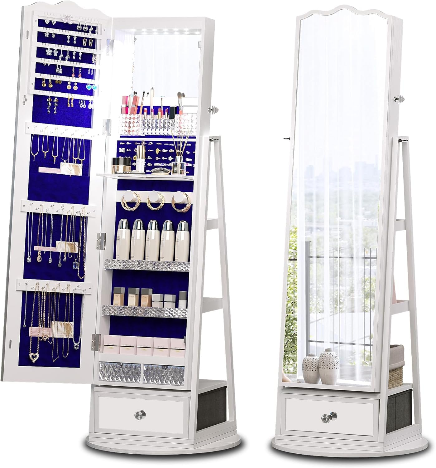Full-Length Standing Mirror Jewelry Cabinet with Lights, Storage, and Rotating Shelf - White