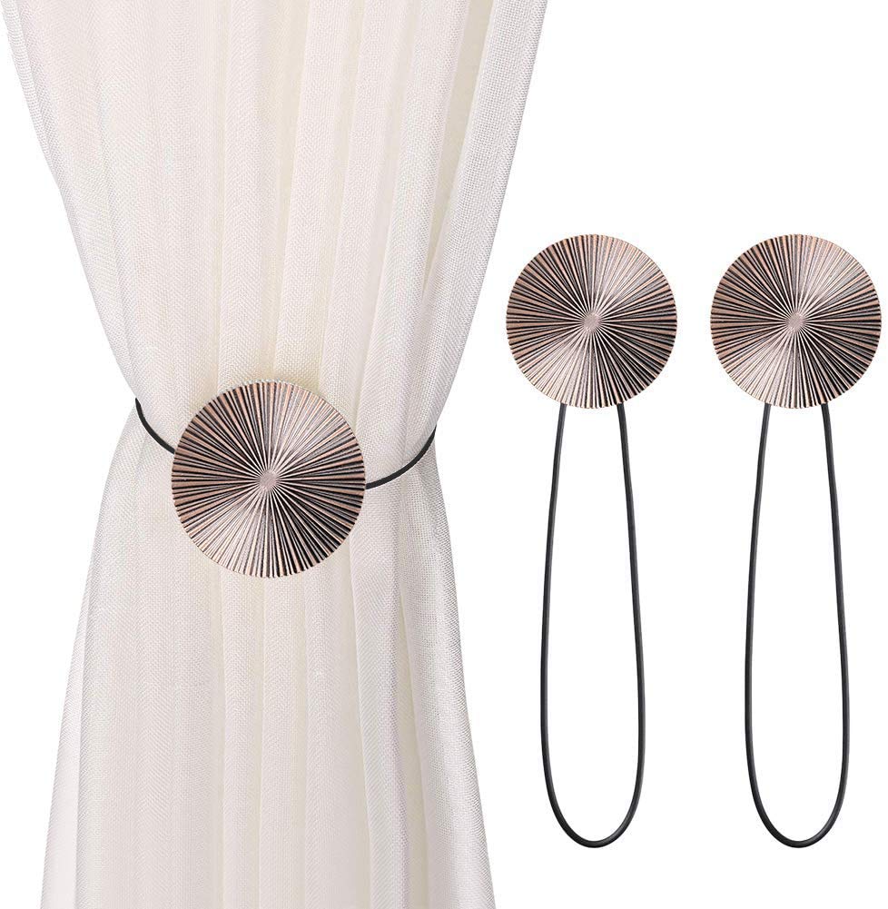 Magnetic Curtain Tiebacks Clips Decorative Rope Holdbacks, 2 Pack Sector Tie Backs Weave Holder for Window Draperies Hold Curtains Drape Ties Backs Holdback, Bedroom Home Décor (2, Rose Gold)