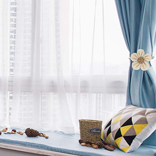 Lewondr Magnetic Window Curtain Rope Holdbacks, 2 Pieces Simple and Elegant Sunflower Decorative Knitted Cord Drapery Holder Curtain Tieback Accessories for Home Office Decor, Large - Cream&Beige