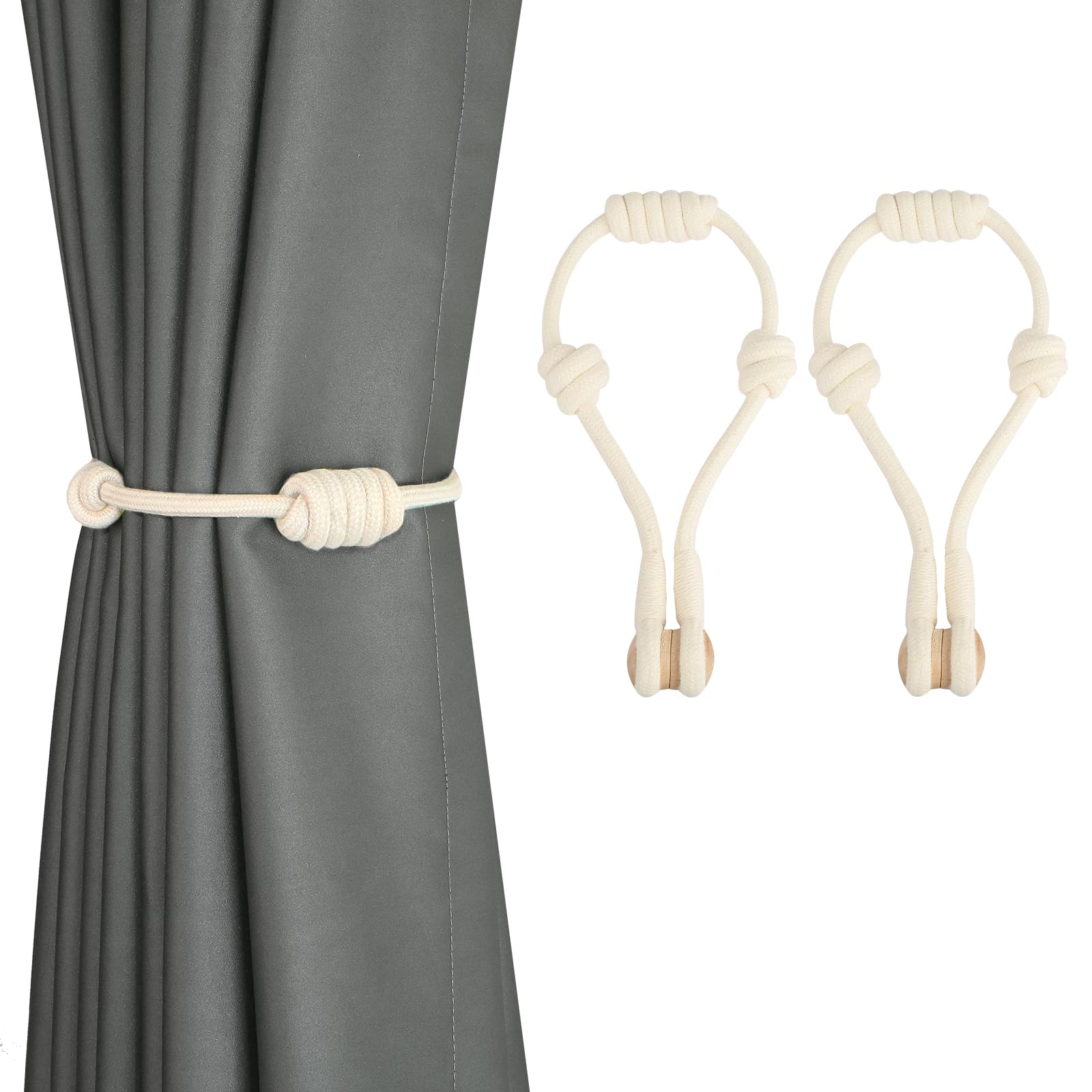 HedongHexi 2 Pack Magnetic Curtain Tiebacks, Curtain Ties Magnetic No Drill, Handmade Curtain Tie Backs Decorative Holdbacks (White, 2P)