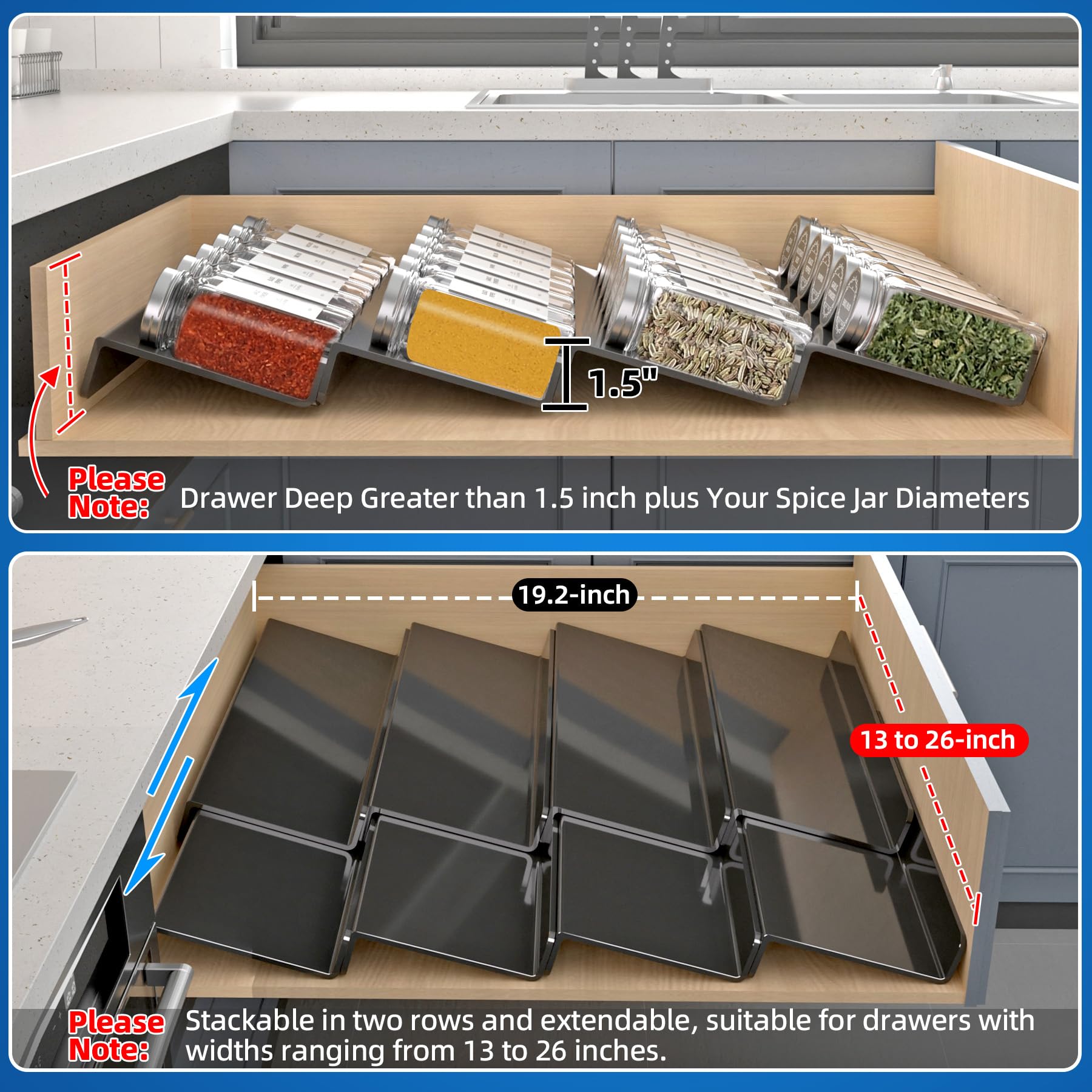 Spice Drawer Organizer, Black Acrylic 8 Pcs Seasoning Jars Drawers Insert, Kitchen Spice Rack Tray for Drawer/Countertop (Jars not included)