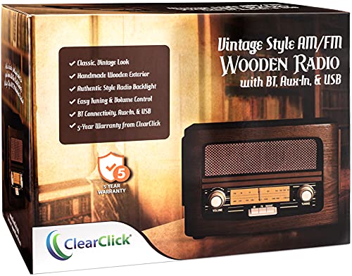 ClearClick Classic Vintage Retro Style AM/FM Radio with Bluetooth, Aux-in, & USB - Handmade Wooden Exterior Dark Brown