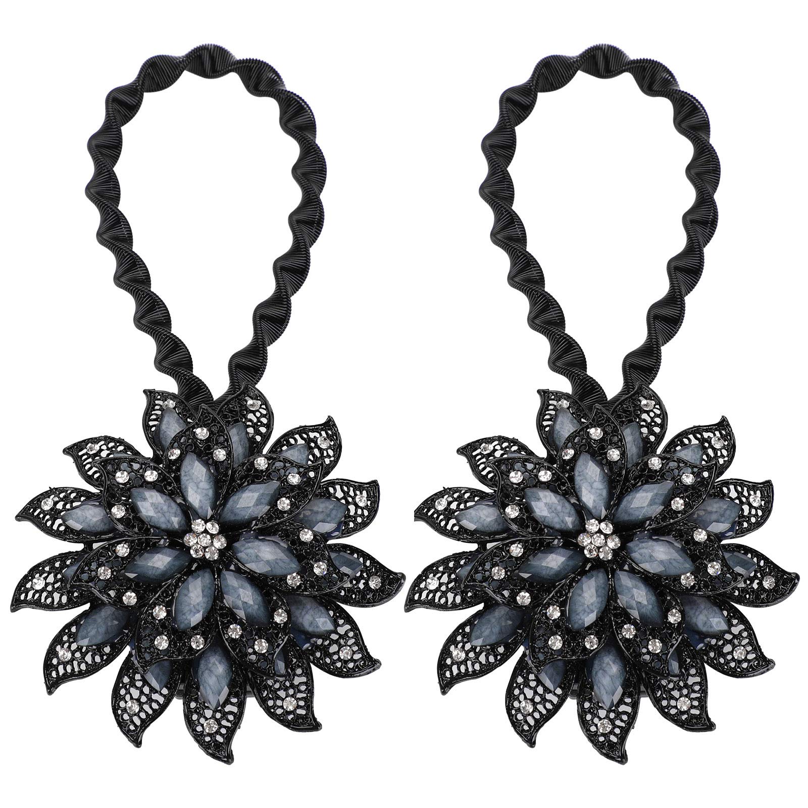 Sumnacon 2 Pcs Crystal Curtain Magnetic Tiebacks - Decorative Big Flower Curtain Clips Buckle with Stretchy Wire Rope, Sparkling Drapery Holdsbacks for Home Office Decor, Black