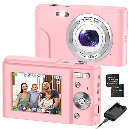 Digital Camera, RUAHETIL FHD 1080P 36MP 2.4 Inch LCD Vlogging Camera for Kids, 16X Zoom 2 Charging Modes Kids Compact Camera Point and Shoot Camera for Kids Teens Students Beginners(Pink)