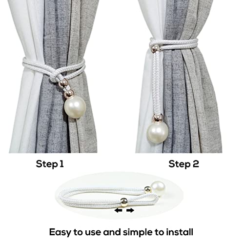SLIFEOW Pearl Bead Curtain Rope Tiebacks, Easy to Use Adjustable Holdbacks for Thick Heavy Duty Curtains, Weighted Tie Backs for Indoor Outdoor Curtain Tie Backs, Gray 2 Pack