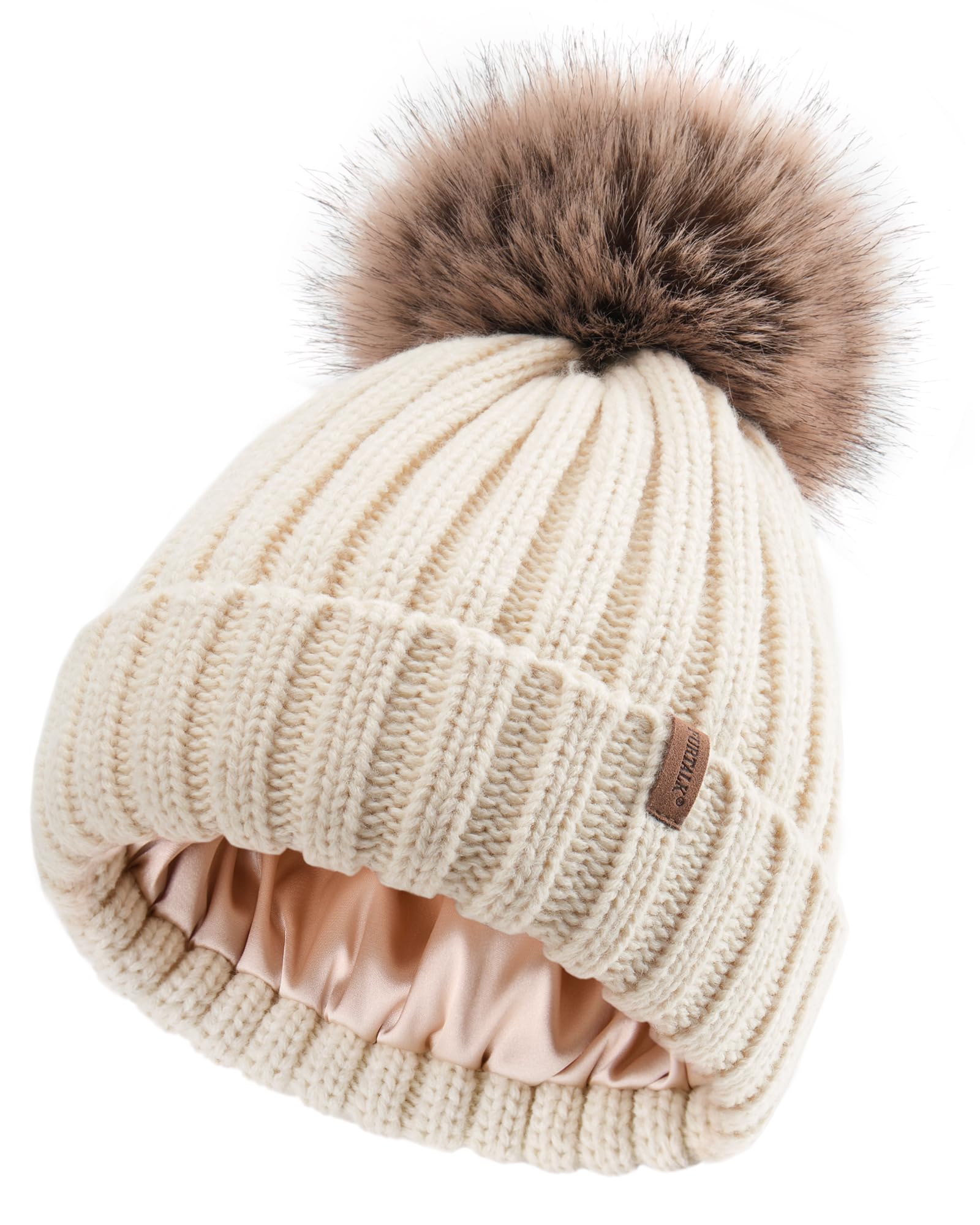 FURTALK Toddler Beanie Satin Lined Baby Boys Girls Winter Hats Pom Pom Beanies for Kids Beige