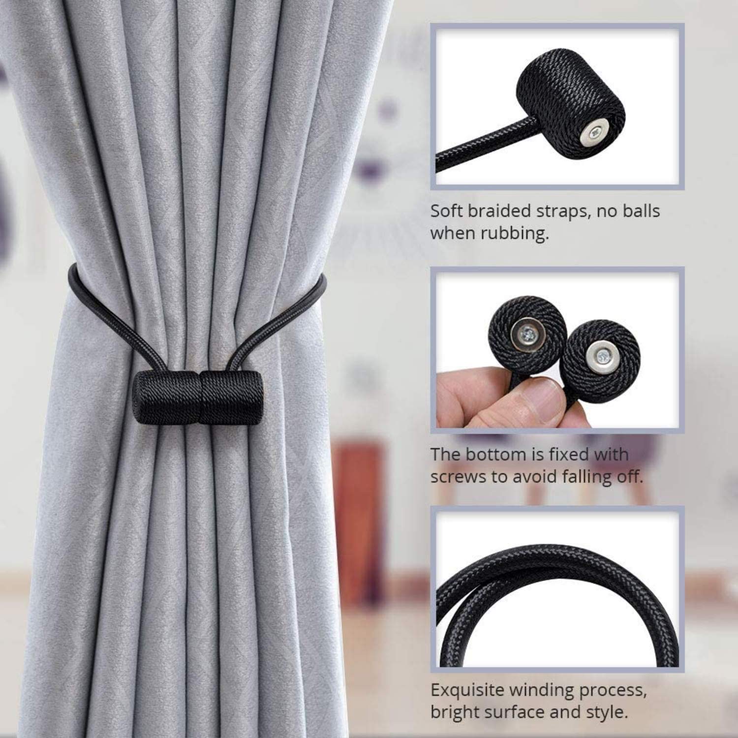 2 Magnetic Curtain Tiebacks- Drapery Holdbacks, Tie Backs Holdback for Blackout Sheer Window Treatment, Upgrade 2022