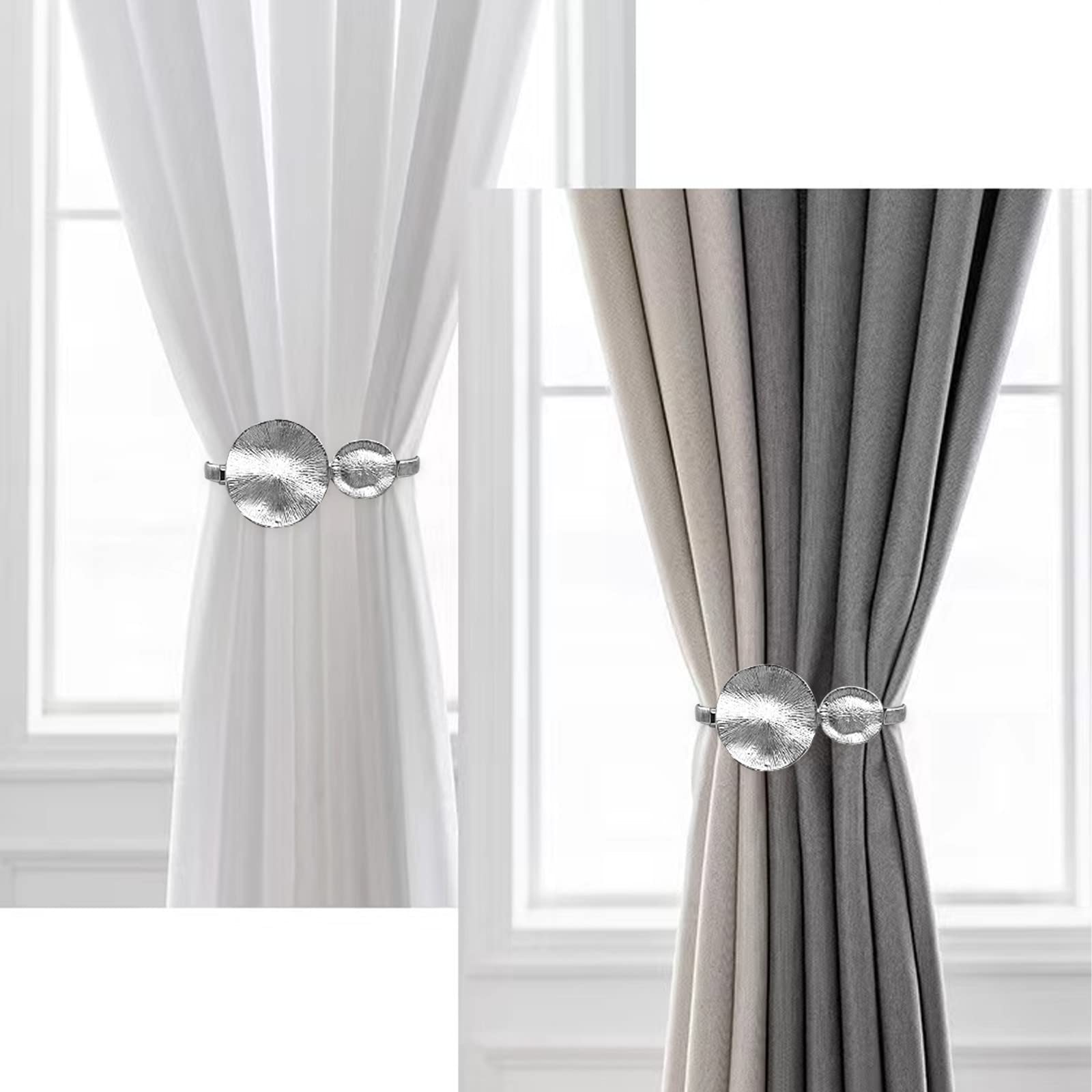 Magnetic Curtain Tiebacks 2pcs, Curtain Tiebacks Buckles Holdbacks Holders Hooks Clip for Home Bedroom Office Decorative Curtain, Strong Magnetic Curtain Buckles for Decoration (Silver)