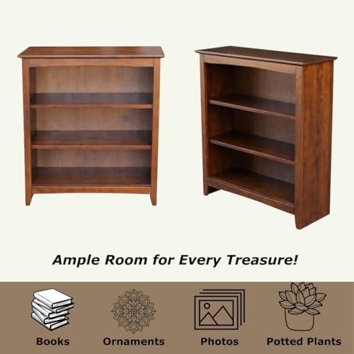 IC International Concepts Shaker Bookcase 36" H Solid Sturdy Real Parawood Furniture, Eco-Friendly, Three Adjustable Shelves, 36 Inch, Espresso