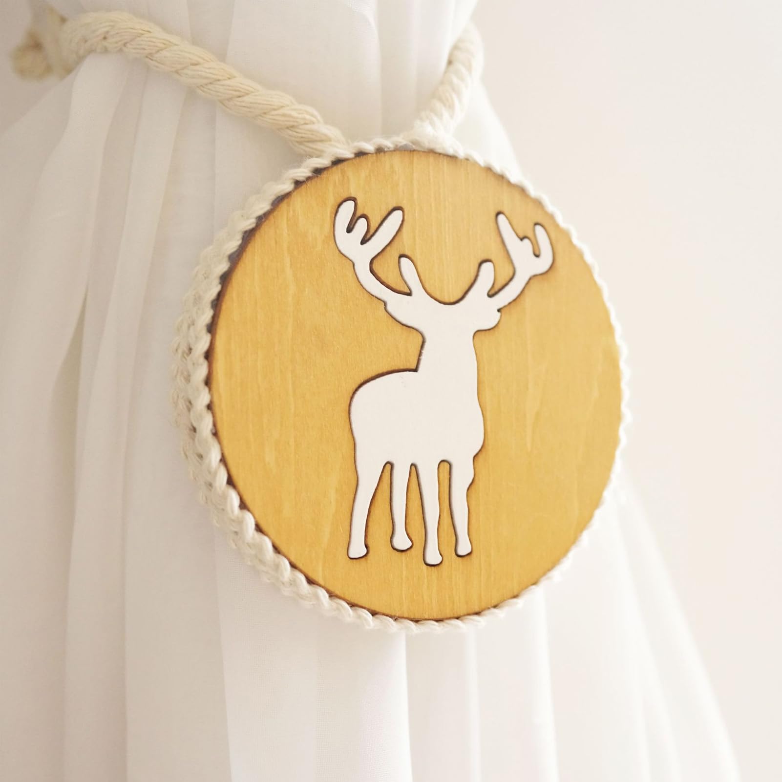2 Pack Magnetic Curtain Tiebacks, Cute Deer Decorative Tie Backs Curtain Holdbacks for Drapes Wood Curtain Holders for Christmas Home Holiday Decor, No Screw