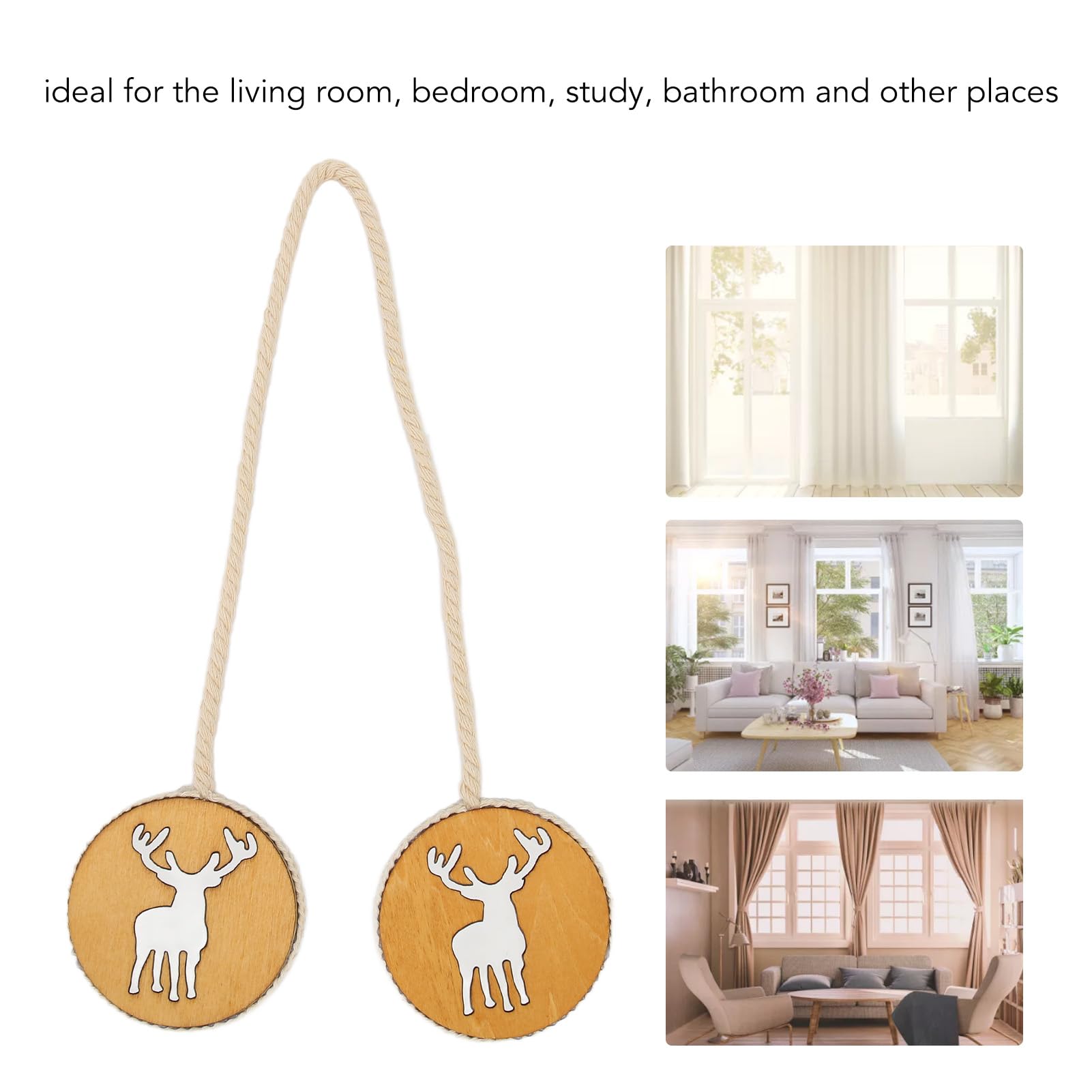 2 Pack Magnetic Curtain Tiebacks, Cute Deer Decorative Tie Backs Curtain Holdbacks for Drapes Wood Curtain Holders for Christmas Home Holiday Decor, No Screw
