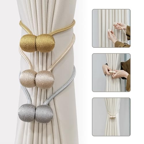 Magnetic Curtain Tiebacks 2 PackRope Decorative,Curtain Tie Backs Holdbacks Holders Hooks Clip Buckles for Curtains Drapes, Curtain Ties for Home Bedroom Office Decorative Curtain (Black)