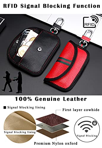 VAWcornic 2 Pack Faraday Bag for Car Key Fob, Genuine Leather Car Key RFID Signal Blocking Pouch Keyless Signal Block Key Case for Car Security Anti-Theft Remote Entry Smart Fob Protection – Black+Red