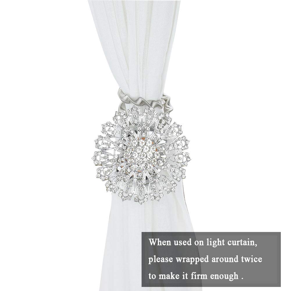 2PCS Magnetic Curtain Tiebacks European Style Sparkling Flower Window Curtain Bind Holdback Buckles Clips Tie Backs Drapery Holders with Stretchable Spring Wire Rope for Decoration,Silvery
