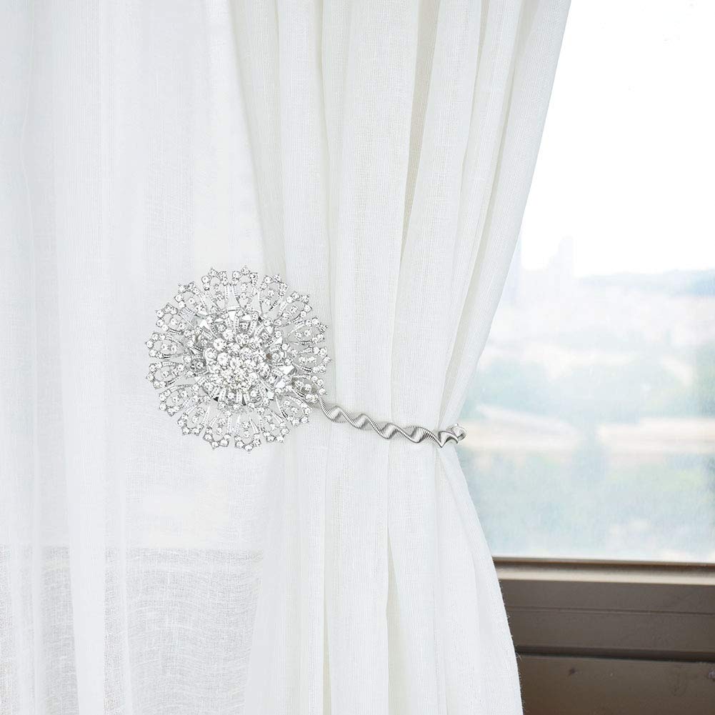 2PCS Magnetic Curtain Tiebacks European Style Sparkling Flower Window Curtain Bind Holdback Buckles Clips Tie Backs Drapery Holders with Stretchable Spring Wire Rope for Decoration,Silvery