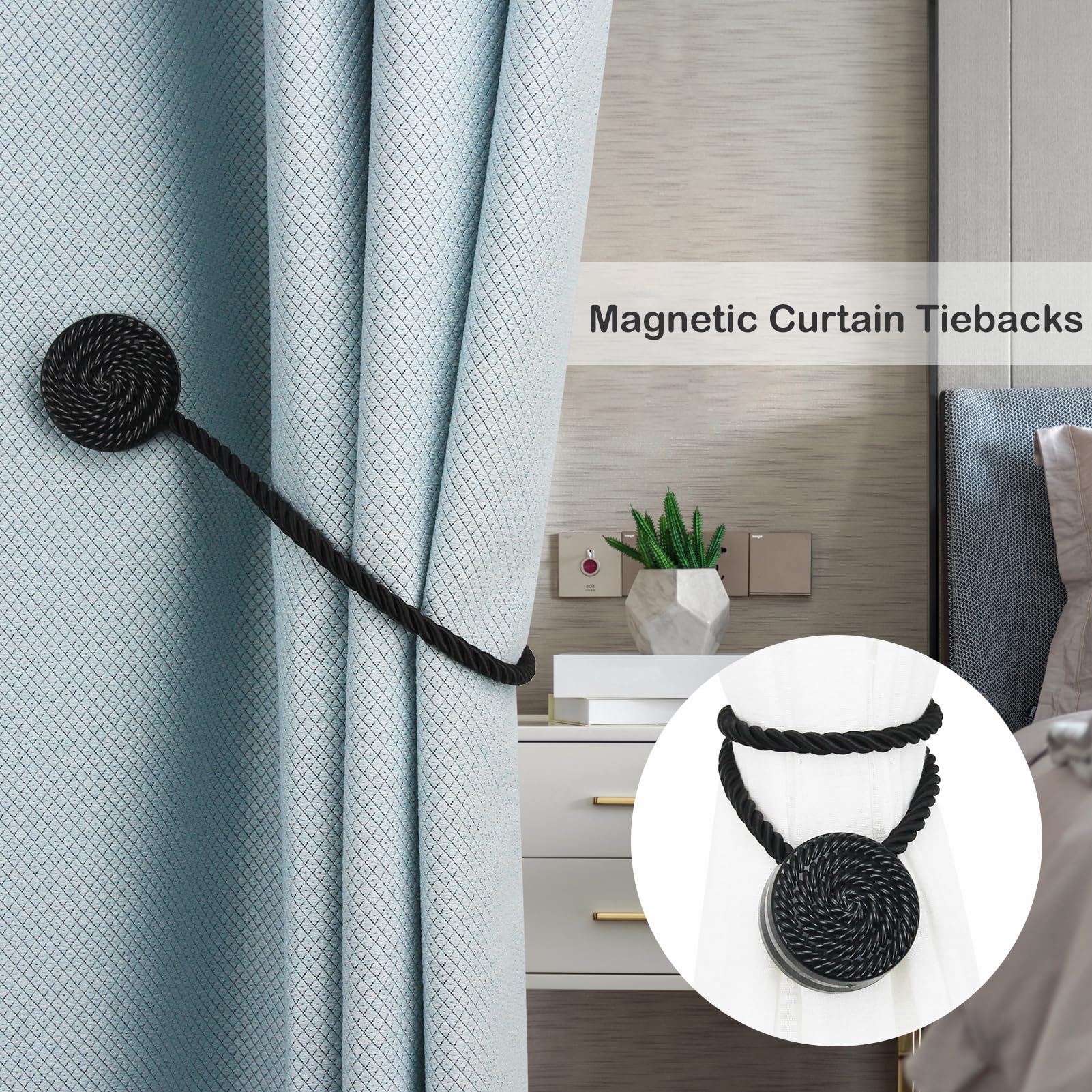 Hangtty Magnetic Curtain Tie Backs 4 Pack Rope Curtain Tiebacks Decorative Curtain Holders for Drapes Window Treatment Holdbacks Home Outdoor Curtain Tiebacks, Black