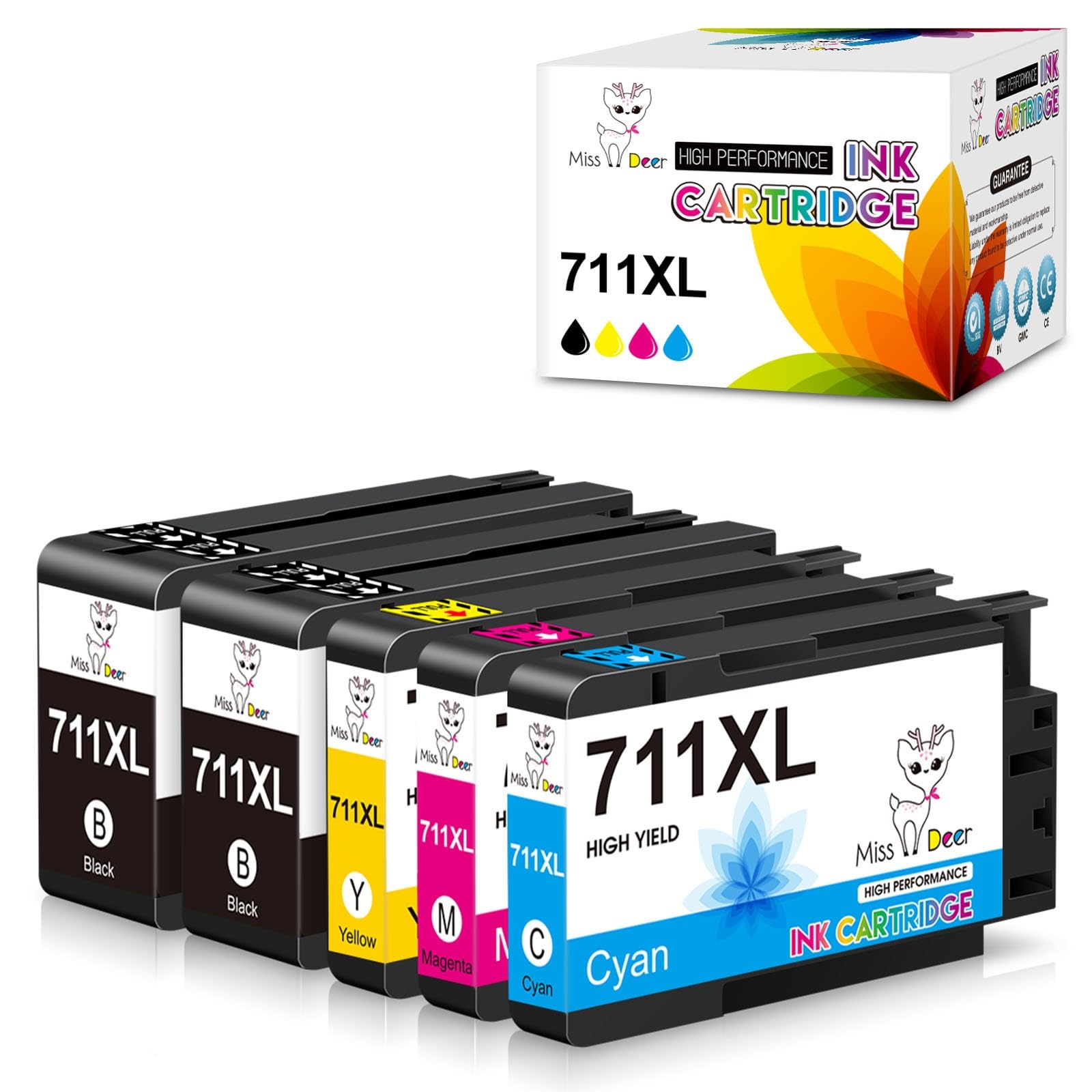 Miss Deer 711XL Designjet Ink Cartridge(CZ133A) Replacement for 711 XL 711XL,Work for DesignJet T120 24-in Printer T520 24-in Printer DesignJet T520 36-in Printer,80-ml (2BK, 1C, 1M, 1Y)