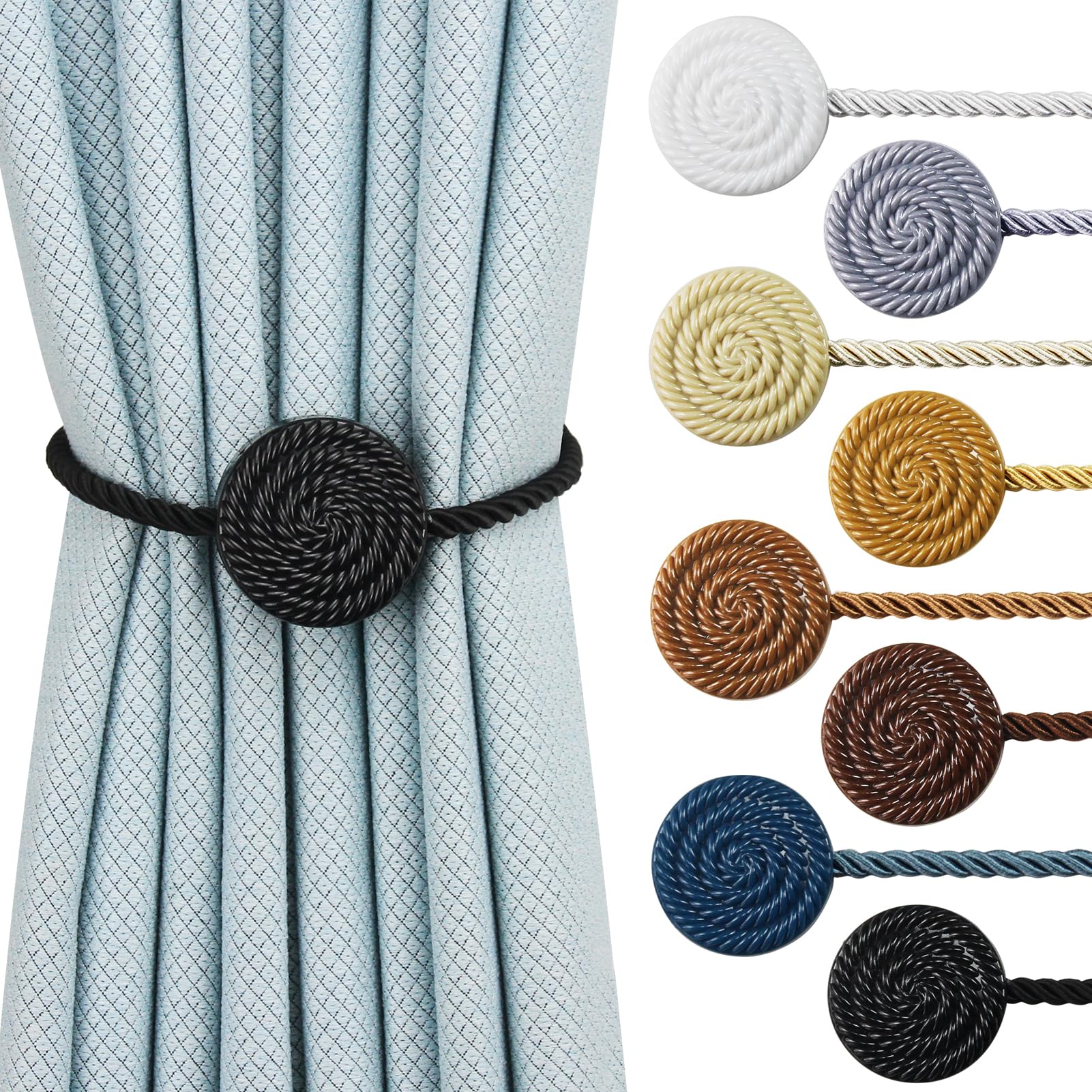 Hangtty Magnetic Curtain Tie Backs 4 Pack Rope Curtain Tiebacks Decorative Curtain Holders for Drapes Window Treatment Holdbacks Home Outdoor Curtain Tiebacks, Black