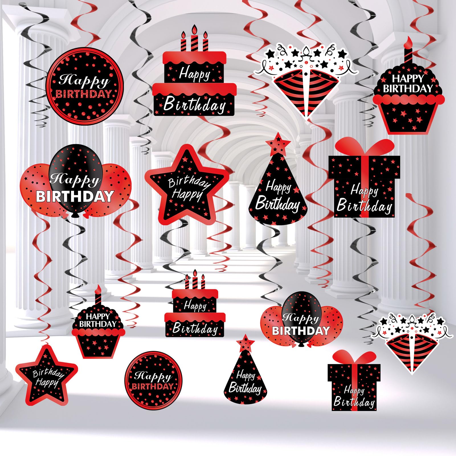 Red and Black Happy Birthday Decorations Hanging Swirls Party Supplies, 30Pcs Red Black Happy Birthday Foil Swirl Decor, 10th 16th 21st 30th 40th 50th 60th Ceiling Hanging Sign Decor