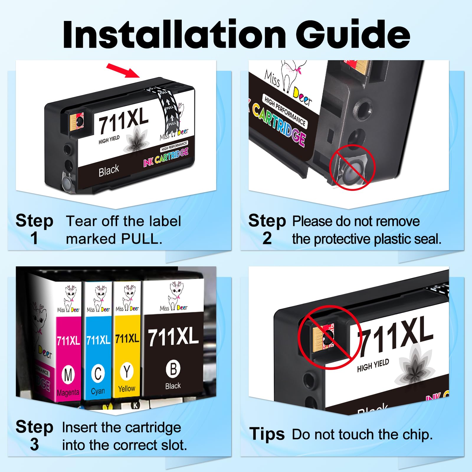 Miss Deer 711XL Designjet Ink Cartridge(CZ133A) Replacement for 711 XL 711XL,Work for DesignJet T120 24-in Printer T520 24-in Printer DesignJet T520 36-in Printer,80-ml (2BK, 1C, 1M, 1Y)